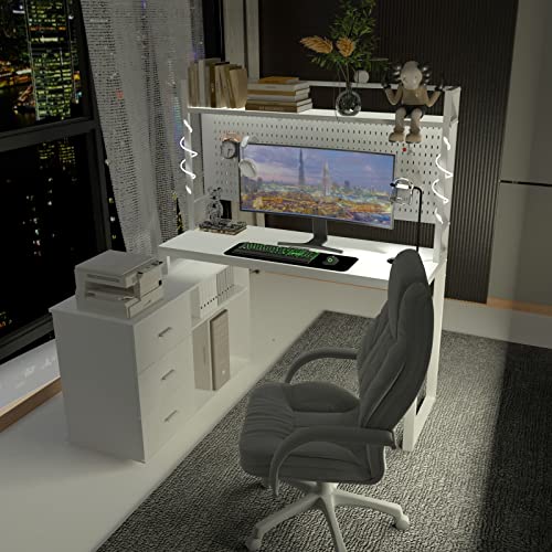 PAKASEPT Home Office Computer Desk L Shaped Desk, Reversible Corner Desk with Drawers & Shelves & Pegboard, White Desk Study Writing Table for Home Office