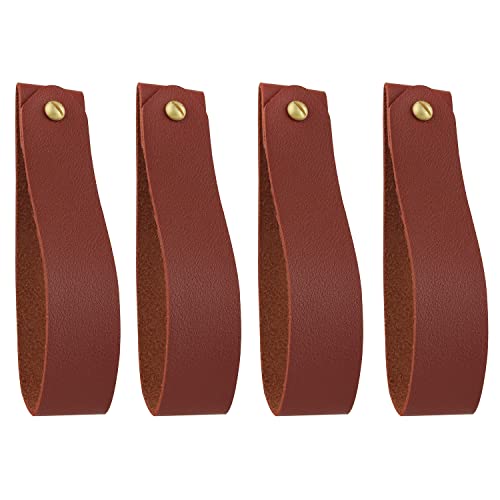 ZZLZX PU Leather Wall Hook Hanging Straps 4PCS Brown Pu Leather Curtain Rod Holder Towel Holders for Wall, Faux Leather Strap Hanger Wall Mounted Pu Leather Hooks for Towel Bathroom Kitchen