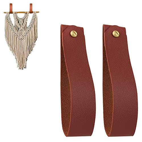 ZZLZX PU Leather Wall Hook Hanging Straps 4PCS Brown Pu Leather Curtain Rod Holder Towel Holders for Wall, Faux Leather Strap Hanger Wall Mounted Pu Leather Hooks for Towel Bathroom Kitchen