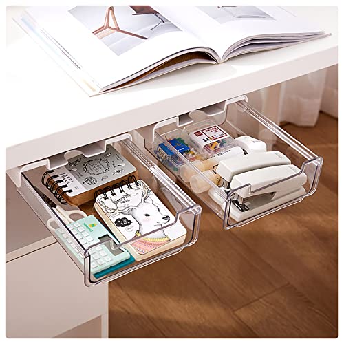 Firstsix Under Desk Drawer Pack of 2, Self-Adhesive Slide Out Storage Drawer Under the Desk, Clear Plastic Under Shelf Attachable Hidden Drawer Tray for Office