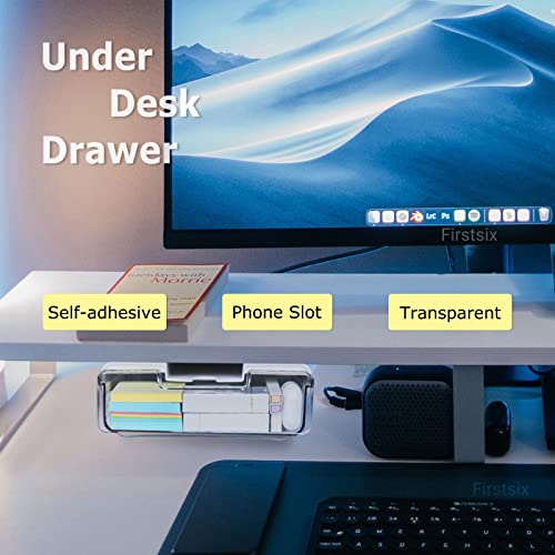 Firstsix Under Desk Drawer Pack of 2, Self-Adhesive Slide Out Storage Drawer Under the Desk, Clear Plastic Under Shelf Attachable Hidden Drawer Tray for Office