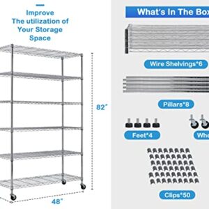 6-Tier Metal Wire Shelving Unit w/Wheels Height Adjustable Storage Rack NSF Certified Storage Shelves 2150/500 Lbs Capacity Standing Utility Shelf for Laundry Kitchen Pantry Garage Organization