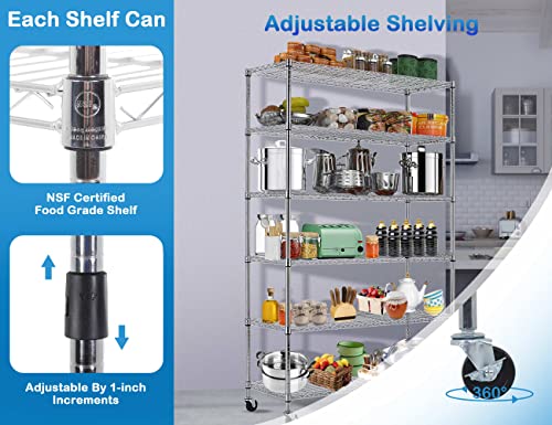 6-Tier Metal Wire Shelving Unit w/Wheels Height Adjustable Storage Rack NSF Certified Storage Shelves 2150/500 Lbs Capacity Standing Utility Shelf for Laundry Kitchen Pantry Garage Organization