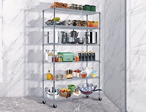 6-Tier Metal Wire Shelving Unit w/Wheels Height Adjustable Storage Rack NSF Certified Storage Shelves 2150/500 Lbs Capacity Standing Utility Shelf for Laundry Kitchen Pantry Garage Organization