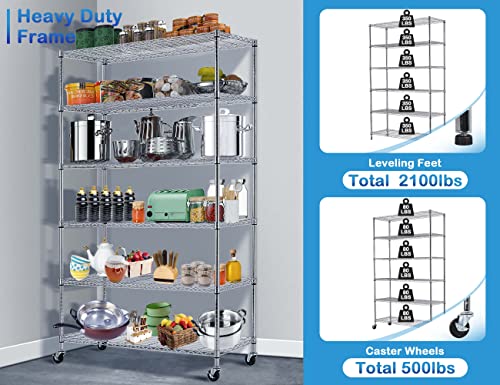 6-Tier Metal Wire Shelving Unit w/Wheels Height Adjustable Storage Rack NSF Certified Storage Shelves 2150/500 Lbs Capacity Standing Utility Shelf for Laundry Kitchen Pantry Garage Organization