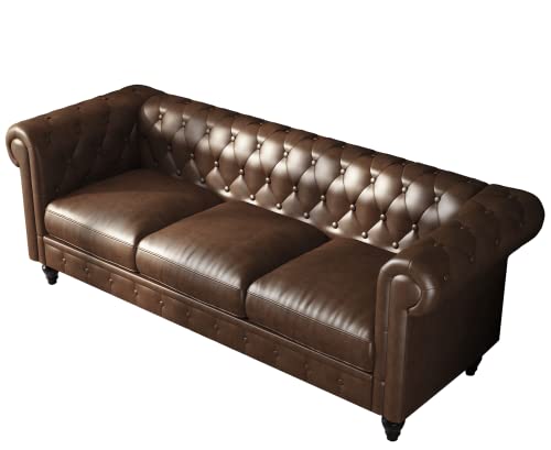 Kadway Brown Leather Sofa Couch, 89" Chesterfield Button-Tufted Couch for 3-4 Persons, Upholstered 3 Seater Couches, Large Sectional Sofa Couch, Deep Seat Sofa for Living Room Apartment Home Office