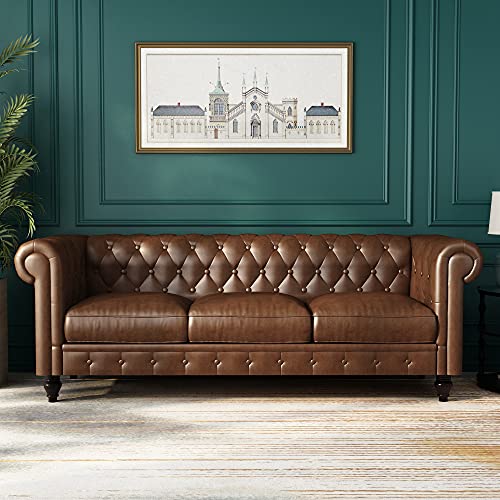 Kadway Brown Leather Sofa Couch, 89" Chesterfield Button-Tufted Couch for 3-4 Persons, Upholstered 3 Seater Couches, Large Sectional Sofa Couch, Deep Seat Sofa for Living Room Apartment Home Office