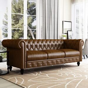 Kadway Brown Leather Sofa Couch, 89" Chesterfield Button-Tufted Couch for 3-4 Persons, Upholstered 3 Seater Couches, Large Sectional Sofa Couch, Deep Seat Sofa for Living Room Apartment Home Office