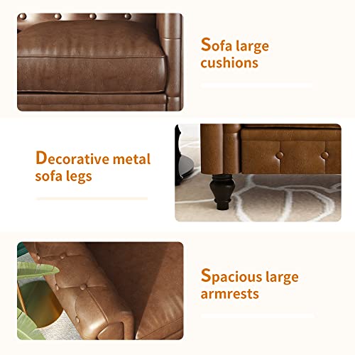 Kadway Brown Leather Sofa Couch, 89" Chesterfield Button-Tufted Couch for 3-4 Persons, Upholstered 3 Seater Couches, Large Sectional Sofa Couch, Deep Seat Sofa for Living Room Apartment Home Office