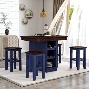 merax 5 pieces dining table set, farmhouse wood counter height dining set, kitchen table with 3-tier adjustable storage shelves, wine racks and 4 stools (brown and blue)