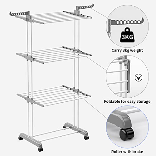 Winyousk [2023 Quality Upgrade Clothes Drying Rack, Movable 4-Tier Laundry Rack, Drying Rack Clothing with Casters Drying Clothes for Indoor/Outdoor, 67''H x 19''W x 30''L