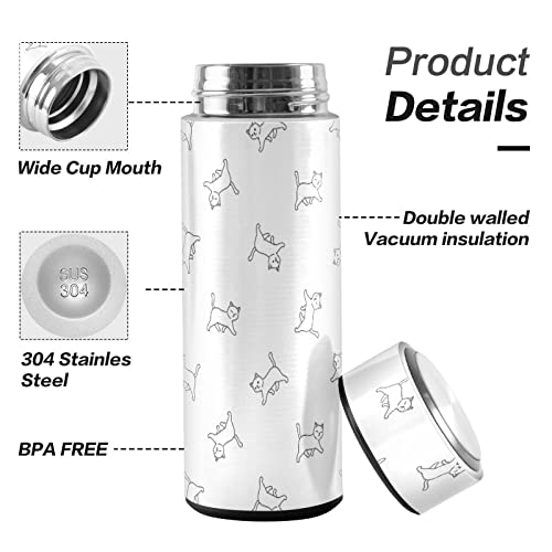 CaTaKu White Cute Cats Water Bottle Insulated 16 oz Stainless Steel Flask Thermos Bottle for Coffee Water Drink Reusable Wide Mouth Vacuum Travel Mug Cup