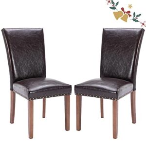 pu leather dining chairs set of 2, upholstered parsons dining room kitchen side chair with nailhead trim and wood legs - dark brown