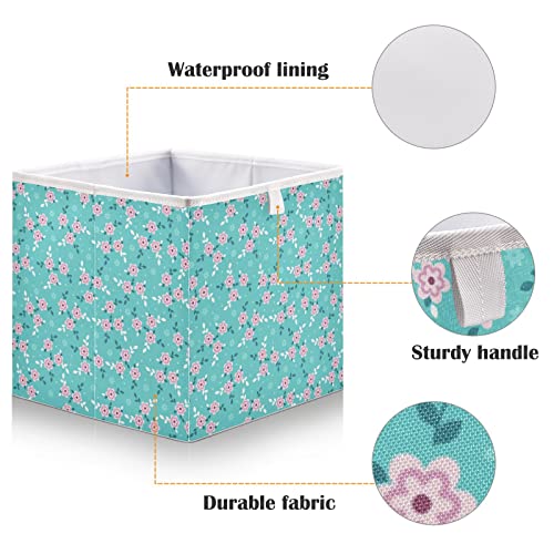 Kigai Cute Pink Flowers and Leaves Fabric Storage Bin 11" x 11" x 11" Cube Baskets Collapsible Store Basket Bins for Home Closet Bedroom Drawers Organizers