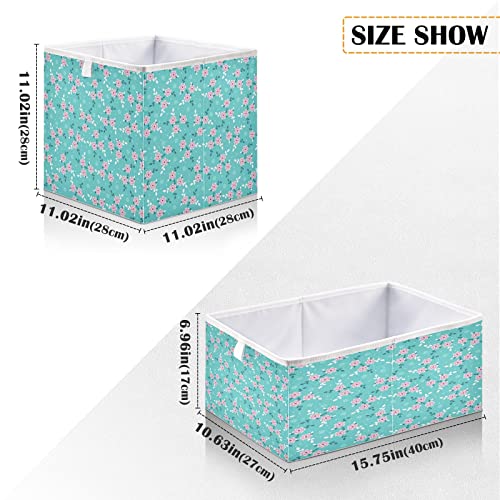 Kigai Cute Pink Flowers and Leaves Fabric Storage Bin 11" x 11" x 11" Cube Baskets Collapsible Store Basket Bins for Home Closet Bedroom Drawers Organizers