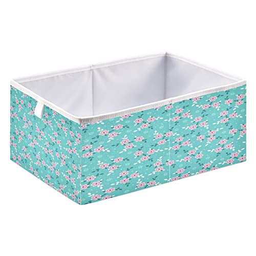 Kigai Cute Pink Flowers and Leaves Fabric Storage Bin 11" x 11" x 11" Cube Baskets Collapsible Store Basket Bins for Home Closet Bedroom Drawers Organizers