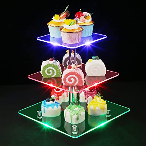 3 Tiers LED Acrylic Cupcake Stand, Rechargeable Clear Dessert Display Stand Cupcake Tower for Christmas, Weddings, Anniversaries, Baby Showers, Birthday Parties