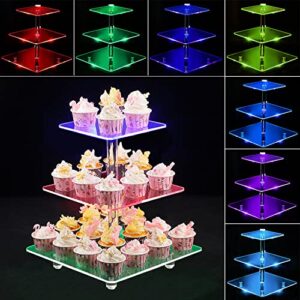 3 Tiers LED Acrylic Cupcake Stand, Rechargeable Clear Dessert Display Stand Cupcake Tower for Christmas, Weddings, Anniversaries, Baby Showers, Birthday Parties