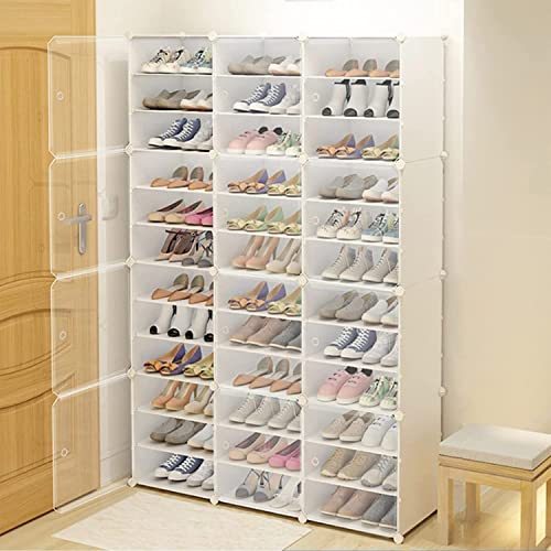 Portable Shoe Rack Organizer 12 Tiers 72 Pairs DIY Shoe Cabinet, Free Standing Shoe Shelf Organizer with Transparent Cover, White Plastic Closet Shoe Organizer Rack Expandable for High Heels, Boots