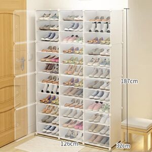 Portable Shoe Rack Organizer 12 Tiers 72 Pairs DIY Shoe Cabinet, Free Standing Shoe Shelf Organizer with Transparent Cover, White Plastic Closet Shoe Organizer Rack Expandable for High Heels, Boots