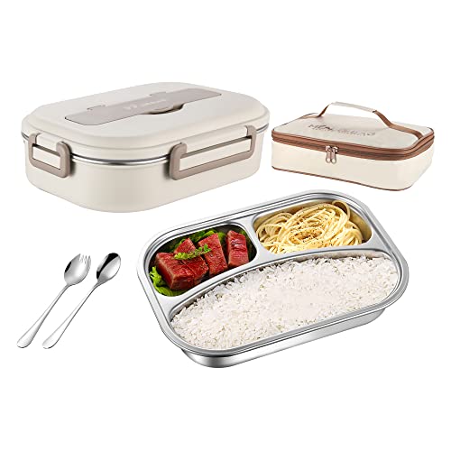 Lunch Box,1000ml Stainless Steel Bento Box,Versatile 3-Compartment Portable Lunch Box Container-Salad Lunch Containers for Adults/Kids with Spoon Fork Thermos Bag Accessories (Creamy White)