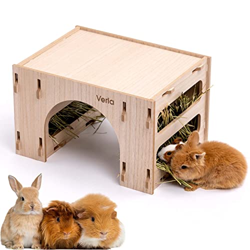 Clearance- Guinea Pigs Hay Feeder, 3-in-1 Double Hay Rack Wooden Hideout and Tunnel Combi for Bunny Rabbit Chinchila Guinea Pigs Family, HDF Durable Habitat Furniture