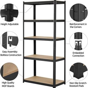 5 Tier Adjustable Boltless Garage Shelving, Heavy Duty Storage Racking Unit, Organizing Metal Shelf for Home Office Workshop Warehouse Household Kitchen, 71" H x 35" W x 16" D, 5 Tier Black DIY Shelf