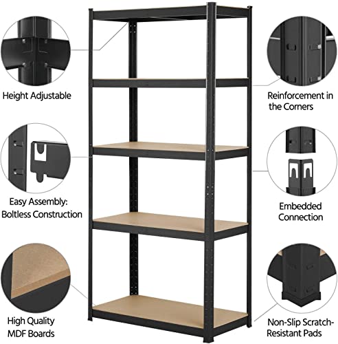 5 Tier Adjustable Boltless Garage Shelving, Heavy Duty Storage Racking Unit, Organizing Metal Shelf for Home Office Workshop Warehouse Household Kitchen, 71" H x 35" W x 16" D, 5 Tier Black DIY Shelf