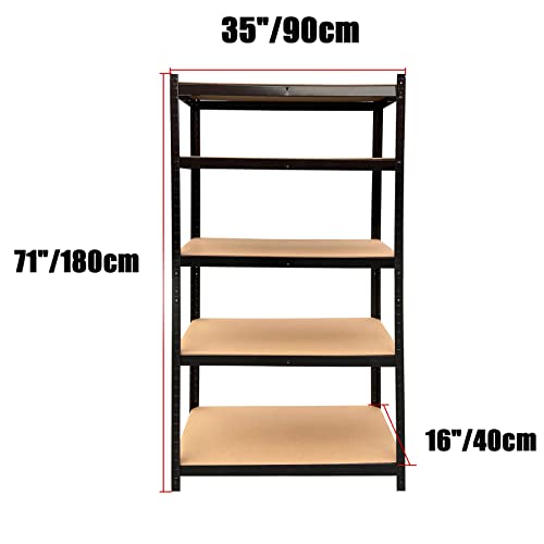 5 Tier Adjustable Boltless Garage Shelving, Heavy Duty Storage Racking Unit, Organizing Metal Shelf for Home Office Workshop Warehouse Household Kitchen, 71" H x 35" W x 16" D, 5 Tier Black DIY Shelf