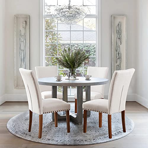 Upholstered Fabric Dining Chairs Set of 4, Parsons Dining Room Kitchen Side Chair with Nailhead Trim and Wood Legs - Light Beige