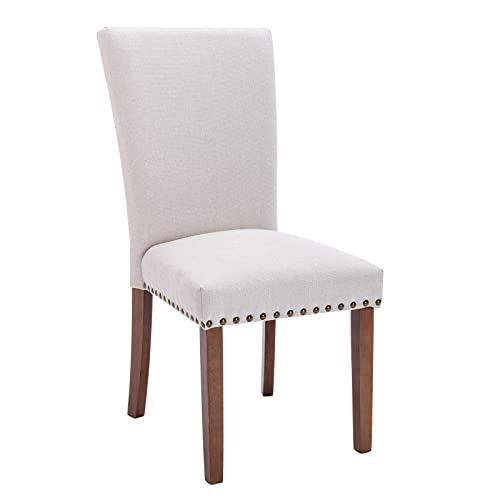 Upholstered Fabric Dining Chairs Set of 4, Parsons Dining Room Kitchen Side Chair with Nailhead Trim and Wood Legs - Light Beige