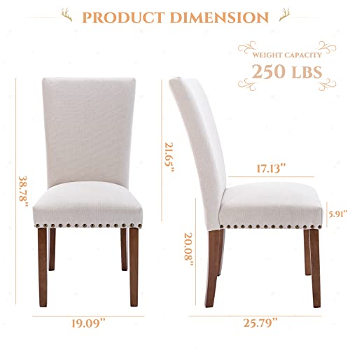 Upholstered Fabric Dining Chairs Set of 4, Parsons Dining Room Kitchen Side Chair with Nailhead Trim and Wood Legs - Light Beige