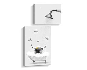 pinetree art funny bathroom decor cute highland cow wall art - relax soak unwind breathe inspirational quote - modern farmhouse home bathroom wall decorative (black and white, set of 2)