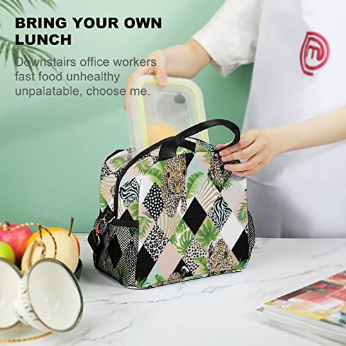 Tropical Palm Leaves and Exotic Leopard Printed Lunch Box Tote Bag with Handles and Shoulder Strap for Men Women Work Picnic