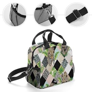 Tropical Palm Leaves and Exotic Leopard Printed Lunch Box Tote Bag with Handles and Shoulder Strap for Men Women Work Picnic