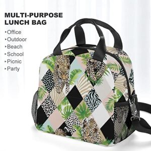 Tropical Palm Leaves and Exotic Leopard Printed Lunch Box Tote Bag with Handles and Shoulder Strap for Men Women Work Picnic