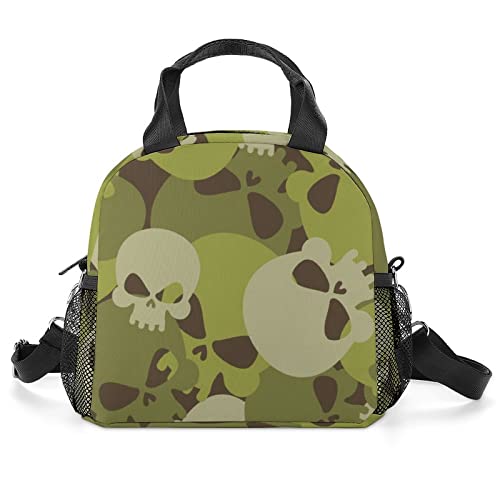 Military Skulls Printed Lunch Box Tote Bag with Handles and Shoulder Strap for Men Women Work Picnic