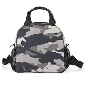 gray green camouflage printed lunch box tote bag with handles and shoulder strap for men women work picnic