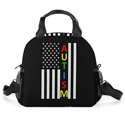 Autism Awareness Puzzle USA Flag Printed Lunch Box Tote Bag with Handles and Shoulder Strap for Men Women Work Picnic