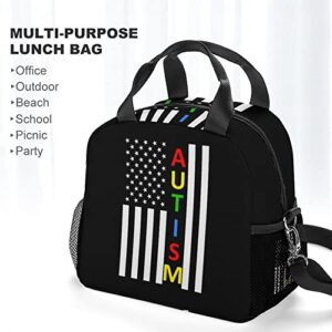 Autism Awareness Puzzle USA Flag Printed Lunch Box Tote Bag with Handles and Shoulder Strap for Men Women Work Picnic