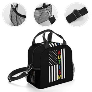 Autism Awareness Puzzle USA Flag Printed Lunch Box Tote Bag with Handles and Shoulder Strap for Men Women Work Picnic