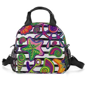 seashells on striped printed lunch box tote bag with handles and shoulder strap for men women work picnic