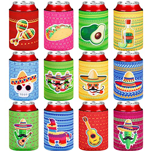 12 Pcs Mexican Can Cooler Sleeves Fiesta 12 oz Insulated Neoprene Can Cover for Soda Beer Beverages Cactus Mexican Party Decorations Cinco De Mayofiesta Party Supplies