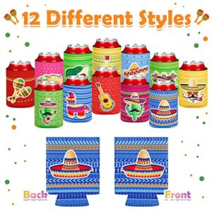 12 Pcs Mexican Can Cooler Sleeves Fiesta 12 oz Insulated Neoprene Can Cover for Soda Beer Beverages Cactus Mexican Party Decorations Cinco De Mayofiesta Party Supplies