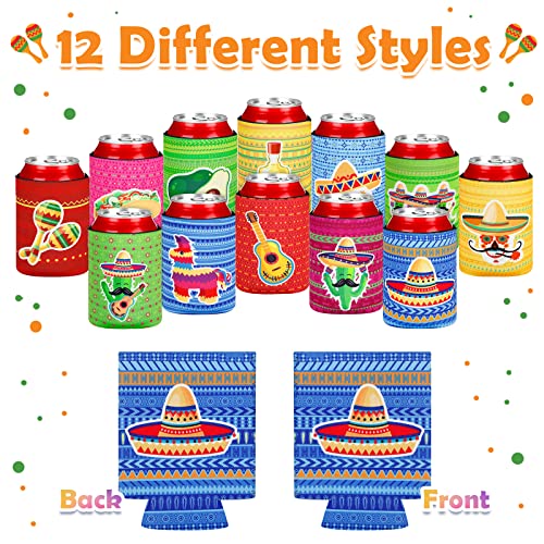 12 Pcs Mexican Can Cooler Sleeves Fiesta 12 oz Insulated Neoprene Can Cover for Soda Beer Beverages Cactus Mexican Party Decorations Cinco De Mayofiesta Party Supplies