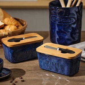 Ceramic Butter Dish Keeper Container - Vicrays Porcelain Airtight Lid Butter Container with Knife for Countertop - Large Butter Keeper Crock for West or East Coast Butter - Blue