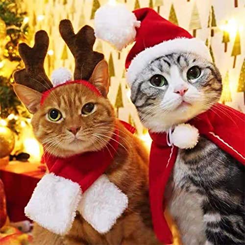 Meihejia Cat Christmas Costume Outfit Set, Super Cute Cat Santa Costume, Cat Santa Hats, Scarves, Capes, Moose Horns