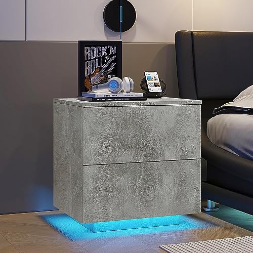 Cubehom Set of 2 Nightstand with LED Strip Lights, Modern Bed Side Table with 2 Drawers, End Table for Living Room, Bedroom, Hallway, Grey Marbling