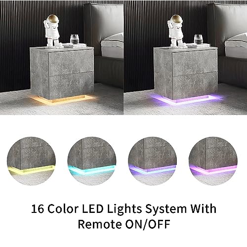 Cubehom Set of 2 Nightstand with LED Strip Lights, Modern Bed Side Table with 2 Drawers, End Table for Living Room, Bedroom, Hallway, Grey Marbling