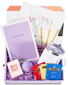 giftier thank you gift basket for women, friends, nurses, teachers, employees, bosses. secretaries w/tumbler mug, tea, honey, lavender bath bomb and milk & honey soap – quality appreciation gifts